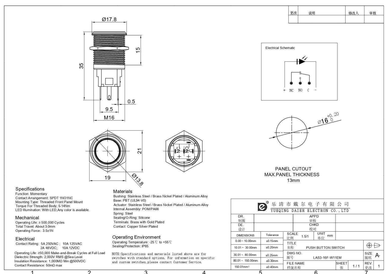 LAS3-16F-W11E 16MM Ring LED Momentary Switch - DAIER