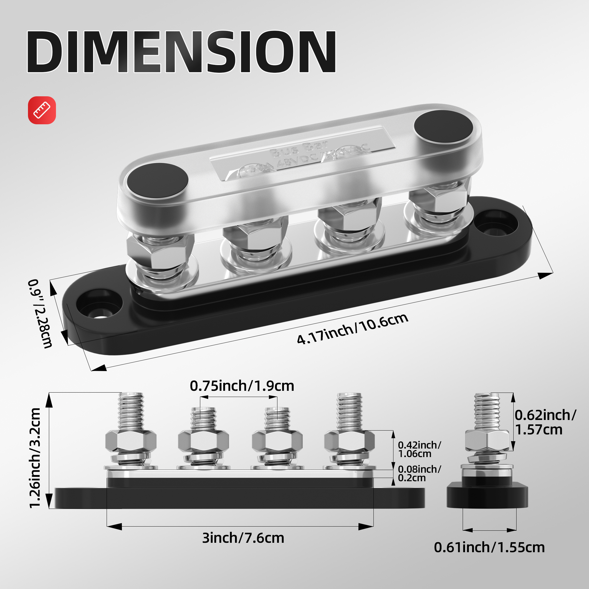 4×M8 Stud Terminals 150A BusBar With Spring Washers And Cover - DAIER