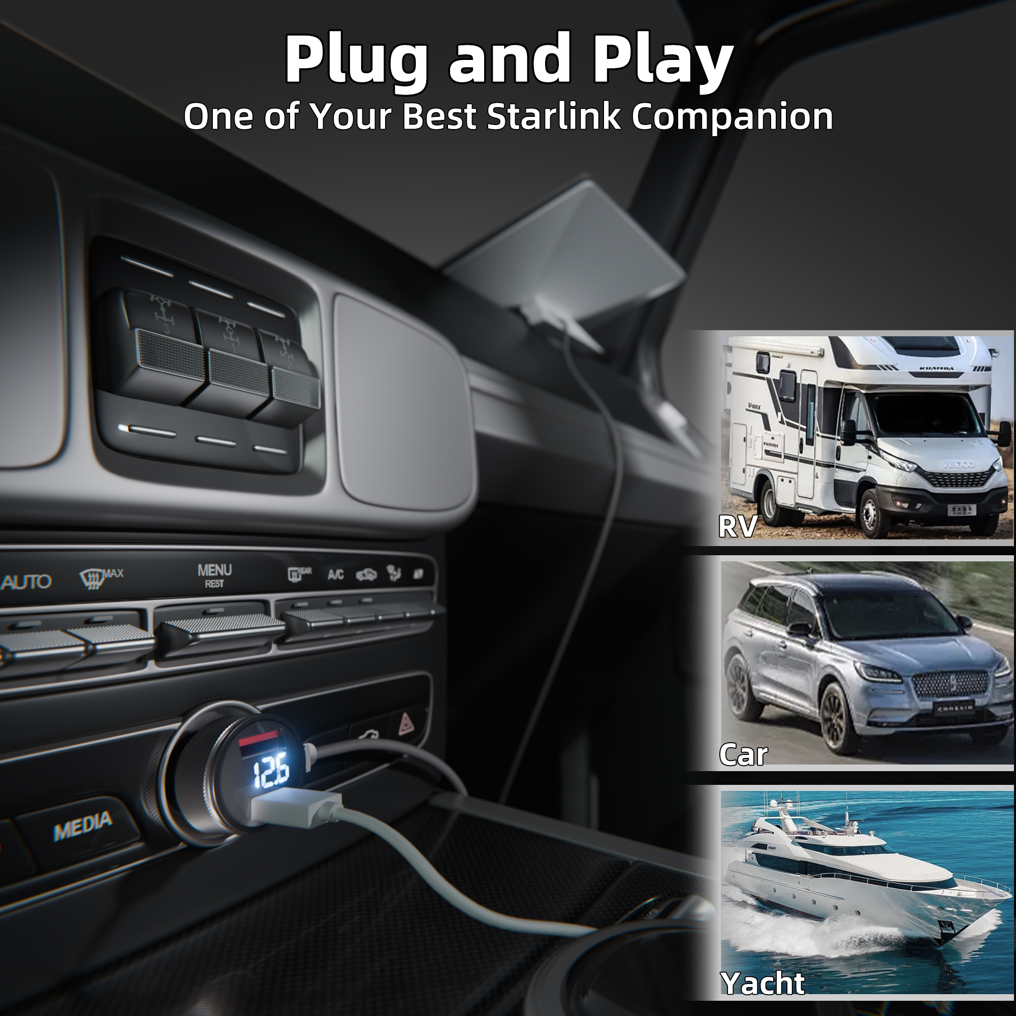 Starlink Mini Dual USB Car Charger With DC Cable & Voltmeter - 9.84FT/3M