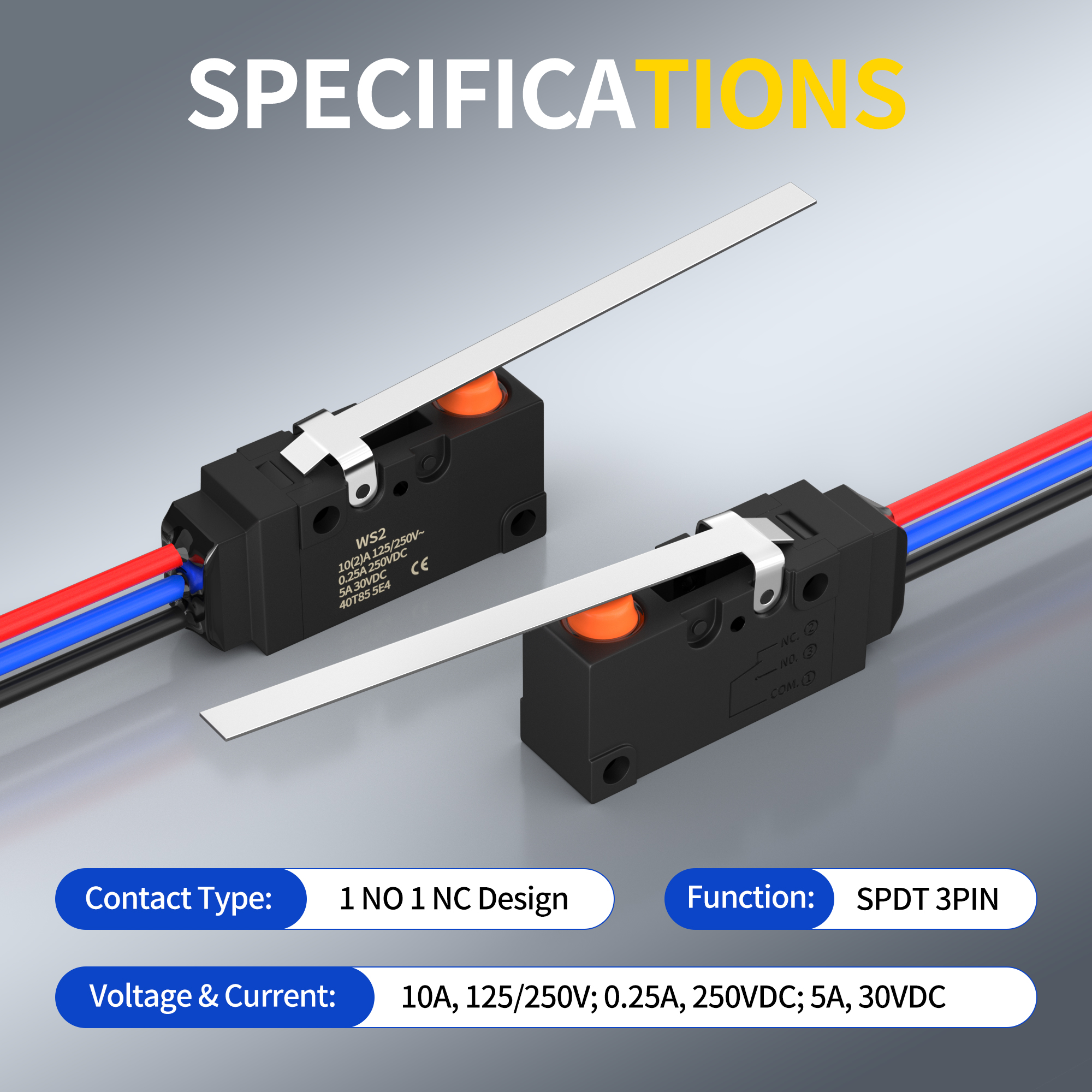 10A 125/250V IP67 3 Pin SPDT Micro Limit Switch With Long Lever And Pre-Wired