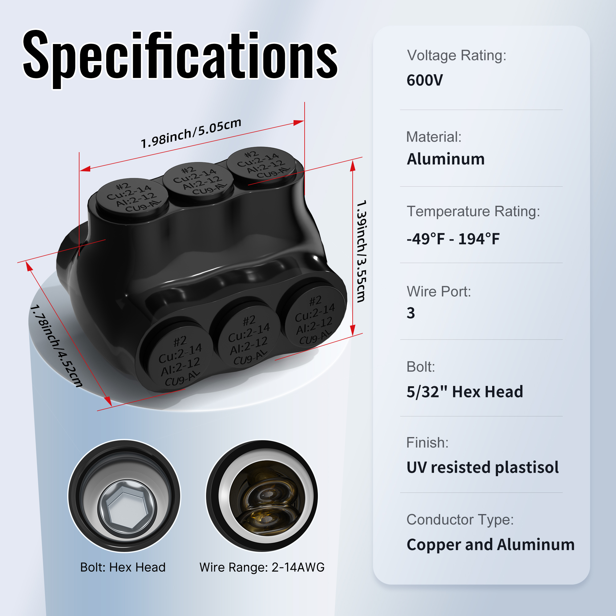 2 AWG - 14 AWG 3-Port Dual-Sided Entry Insulated Tap Connector