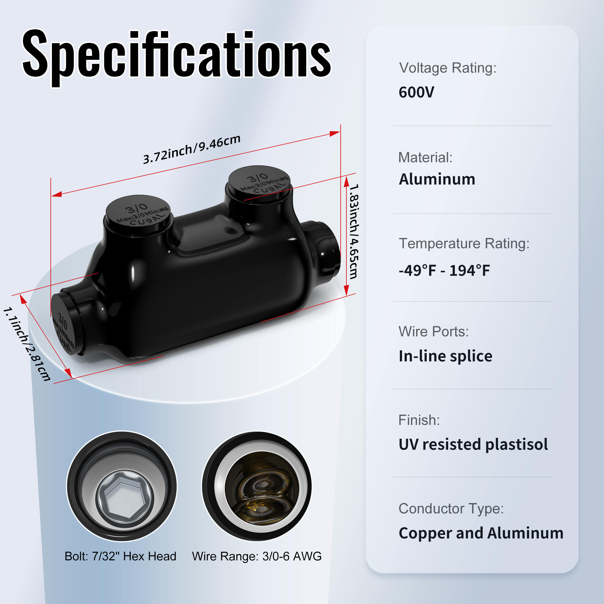 3/0 AWG - 6 AWG 2-Port Inline Splice Multi-Tap Pre-Insulated Connector