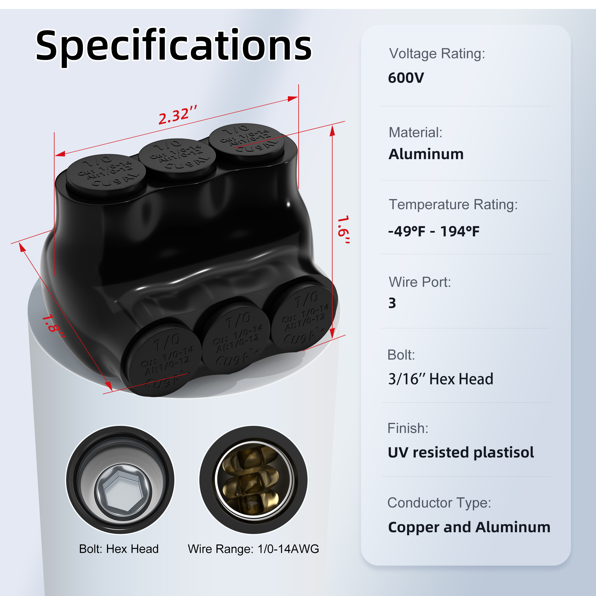 1/0 AWG - 14 AWG 3-Port Single-Sided Entry Insulated Multi-Tap Connector