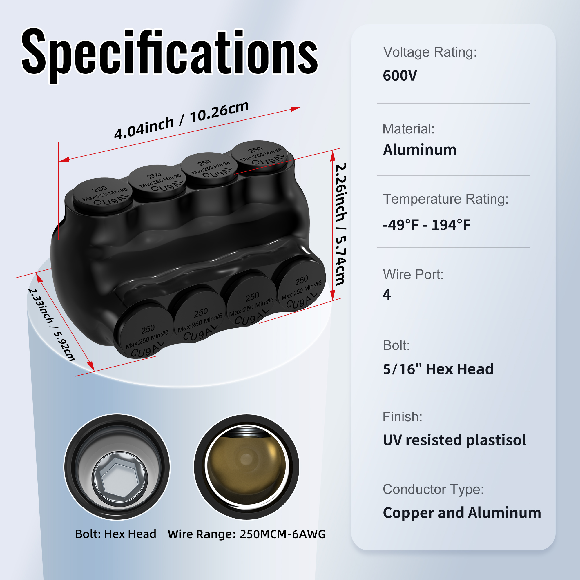 250 MCM - 6 AWG 4 Port Single-Sided Entry Insulated Multi Tap Connector